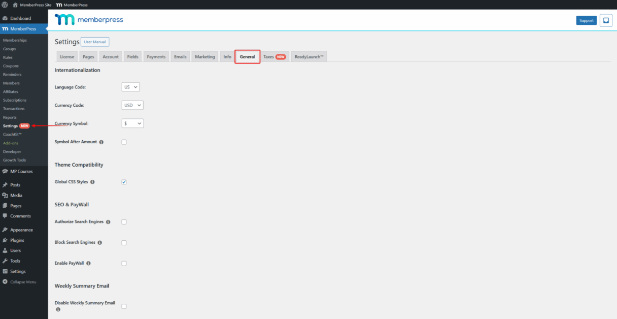 Configuring the General tab in MemberPress Settings