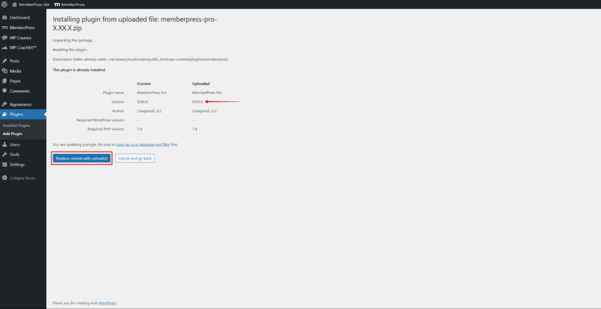 Actualización del plugin MemberPress y sus complementos