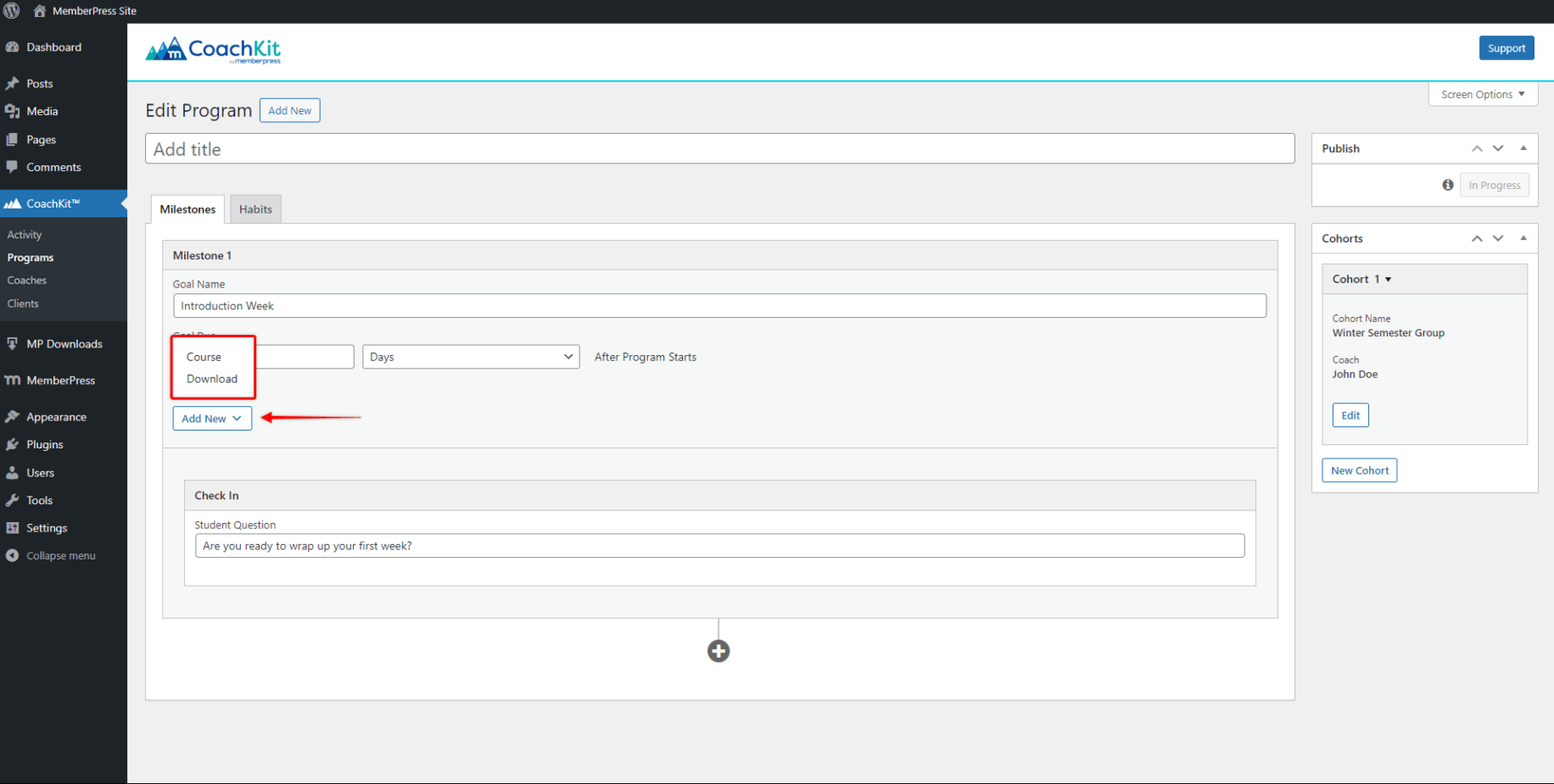 Creación de programas con MemberPress CoachKit™.