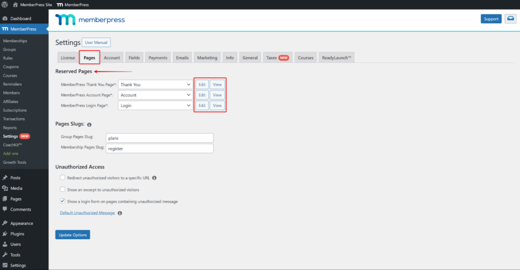 MemberPress Settings And Default Pages