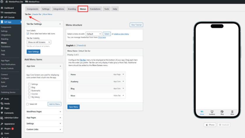 Adding Custom Tab Bar and More Screen Icons in MemberPress AppKit