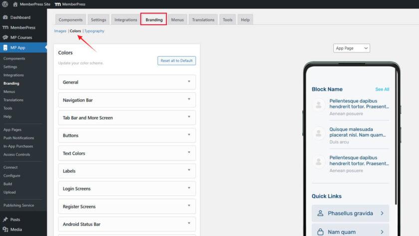 Configuring App Colors in MemberPress AppKit