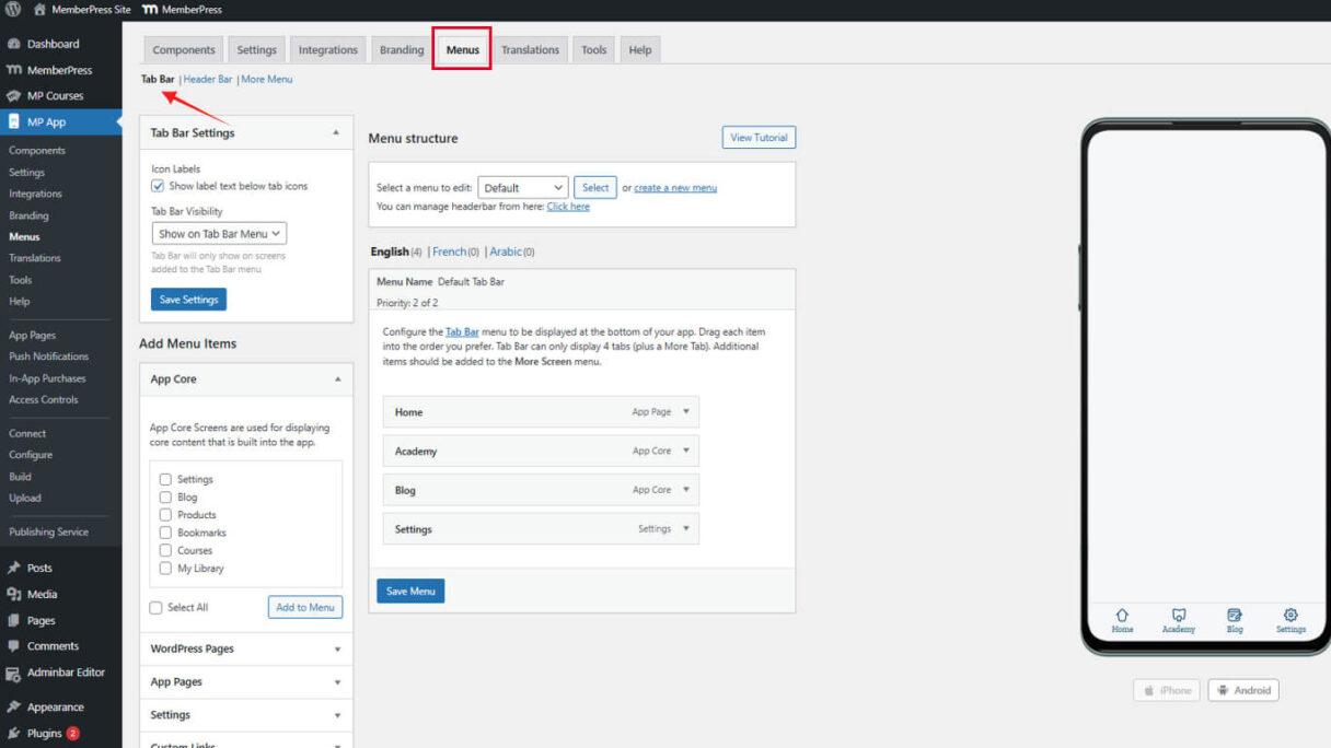 Configuring Tab Bar Visibility in MemberPress App | MemberPress
